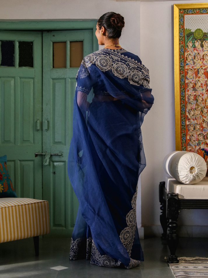 Blue Organza Saree Set with Zari Embroidery – Kamakhyaa