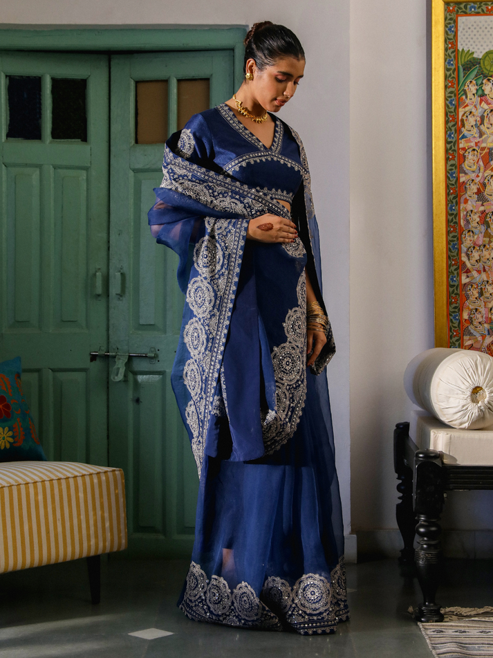 Blue Organza Saree Set with Zari Embroidery – Kamakhyaa