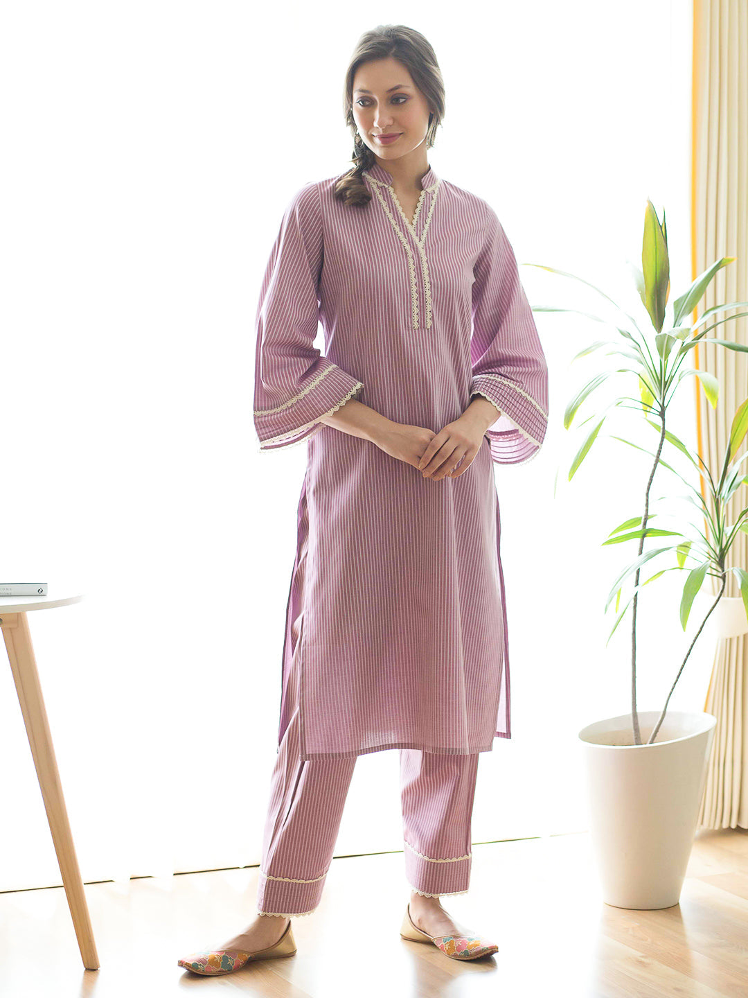 Purple Office Wear Kurta Set | Lace Work | Cotton Kurta Set | Purple ...